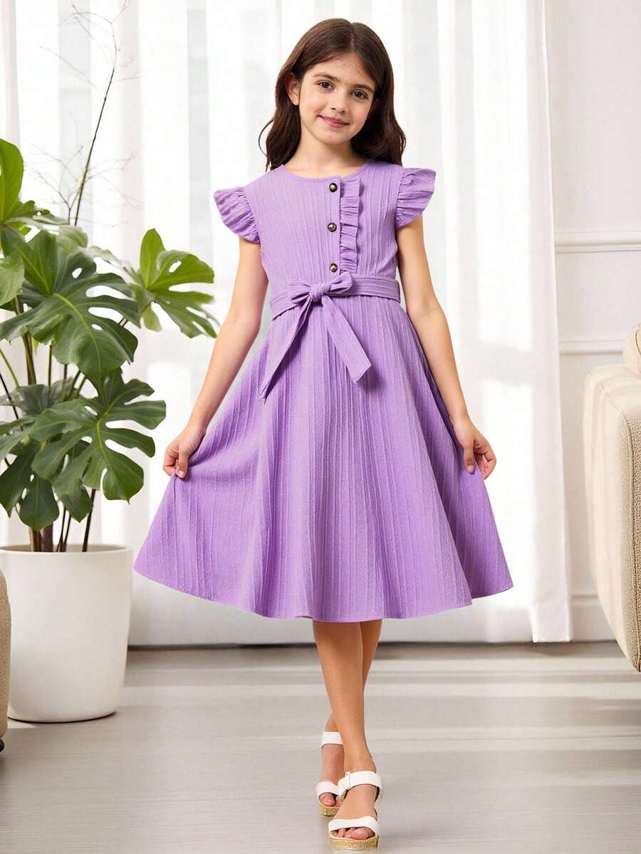 Tween Girl Round Neck Cap Sleeve Dress With Belted Waist And Simple ...