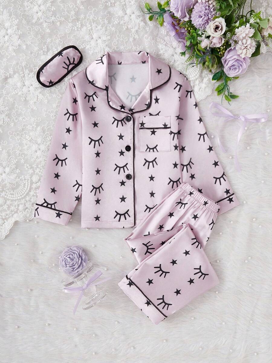 3pcs Girls Cute Star & Eyelash Print Soft Pajama Set With Eye Mask And ...