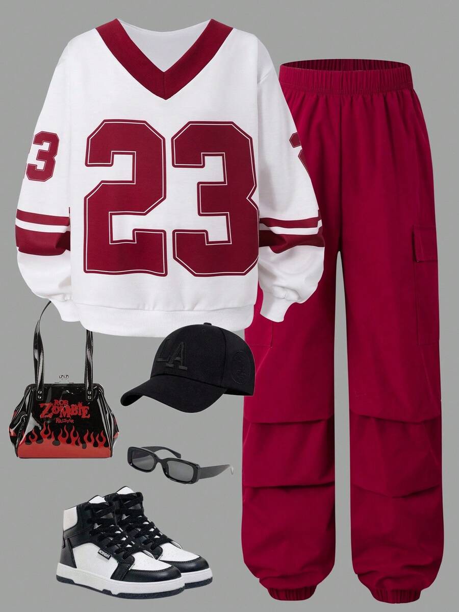 2pcs Tween Girls' Sporty Color Block Numeric Print Long Sleeve Knit ...