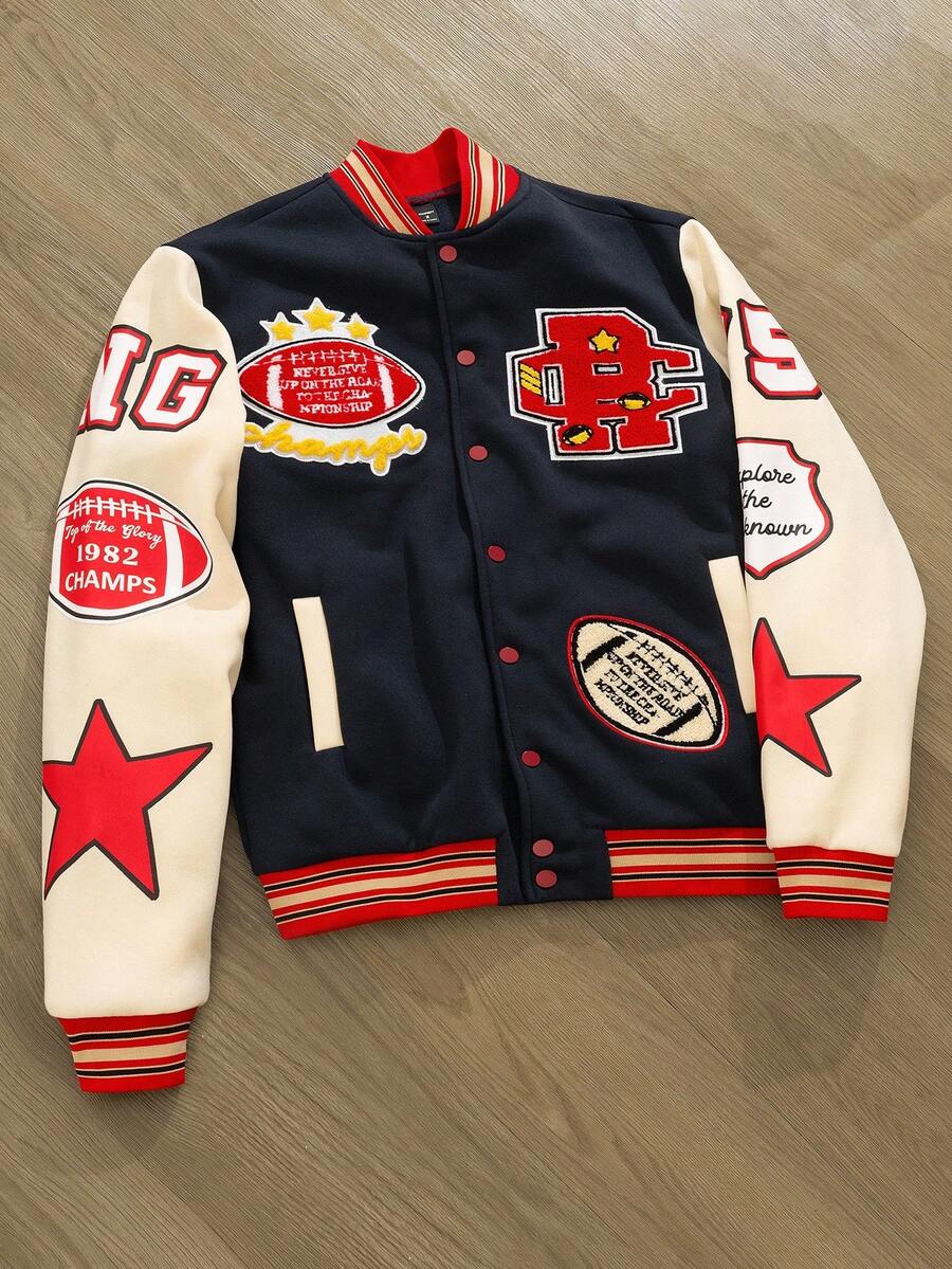 Manfinity Campus Court Men's Contrast Color Patchwork Front Button Creative Letter & Pentagram ...