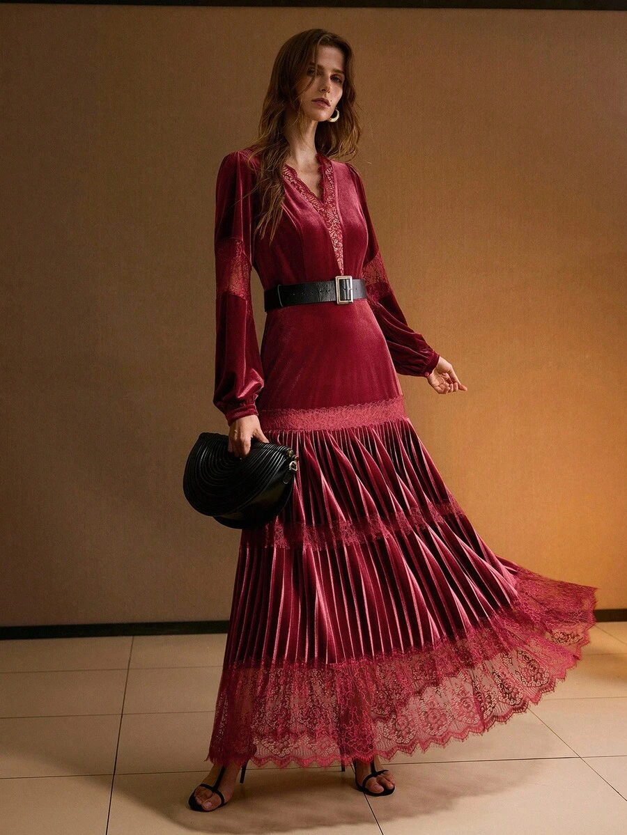 MOTF PREMIUM VESTIDO PLISADO DE ENCAJE CONTRASTANTE | Mode de Mujer ...