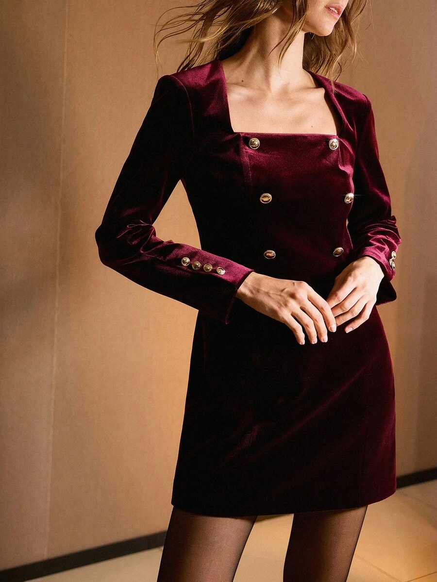 MOTF PREMIUM VESTIDO CORTO CON CUELLO CUADRADO DE TERCIOPELO Y ...