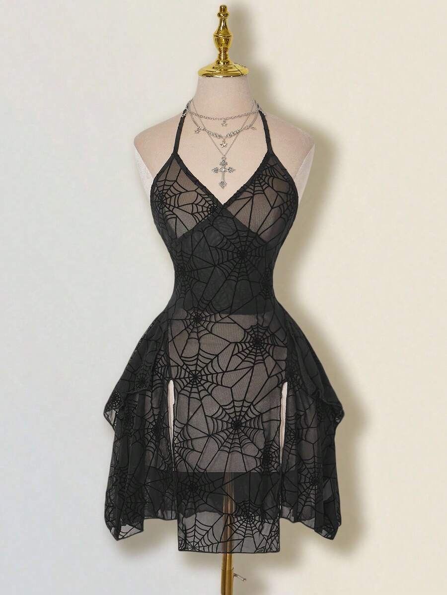 SHEIN ICON ชุดเดรสสั้นสายเดี่ยว Hem Halter ผ้าตาข่ายลายใยแมงมุมสำหรับ ...