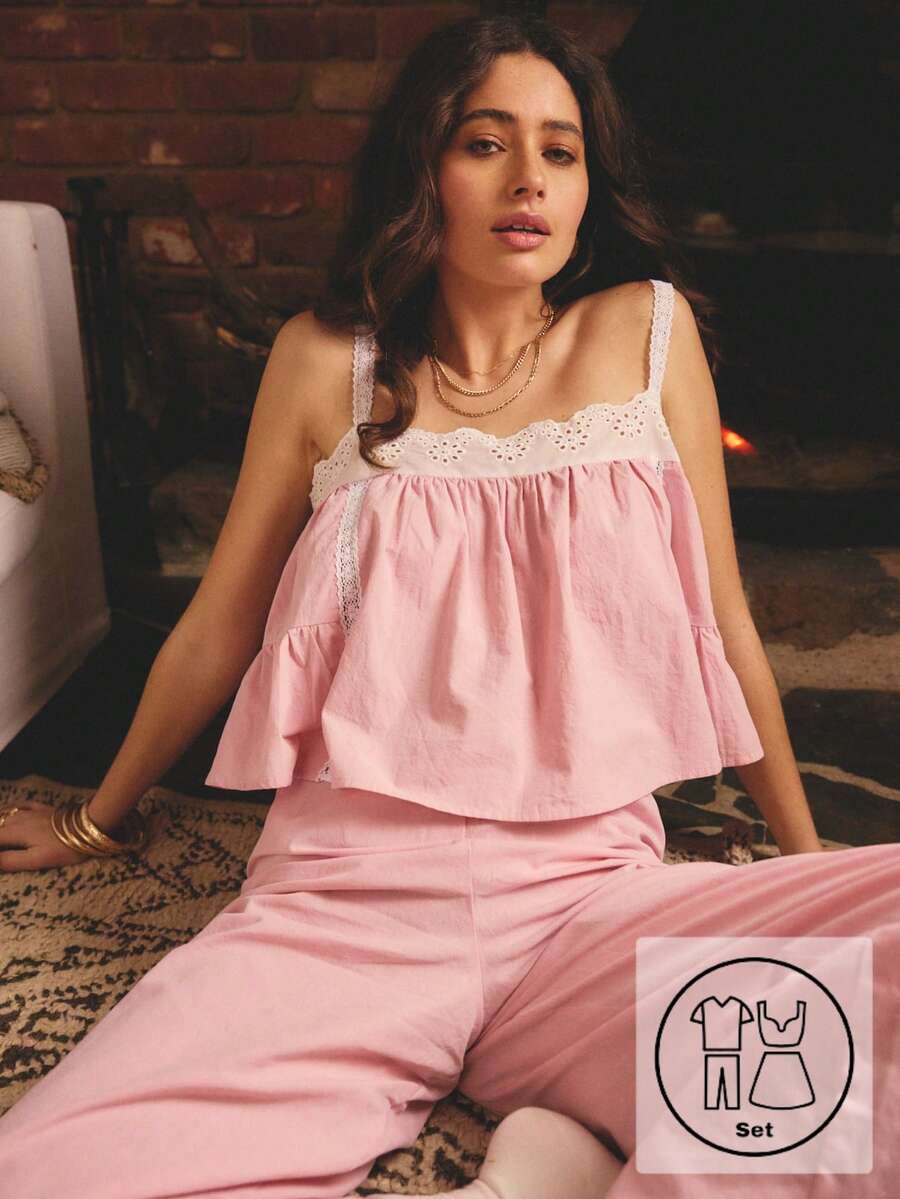 Aralina Damen Besticktes Gerafftes Camisole Top und Hose Pyjama Set ...