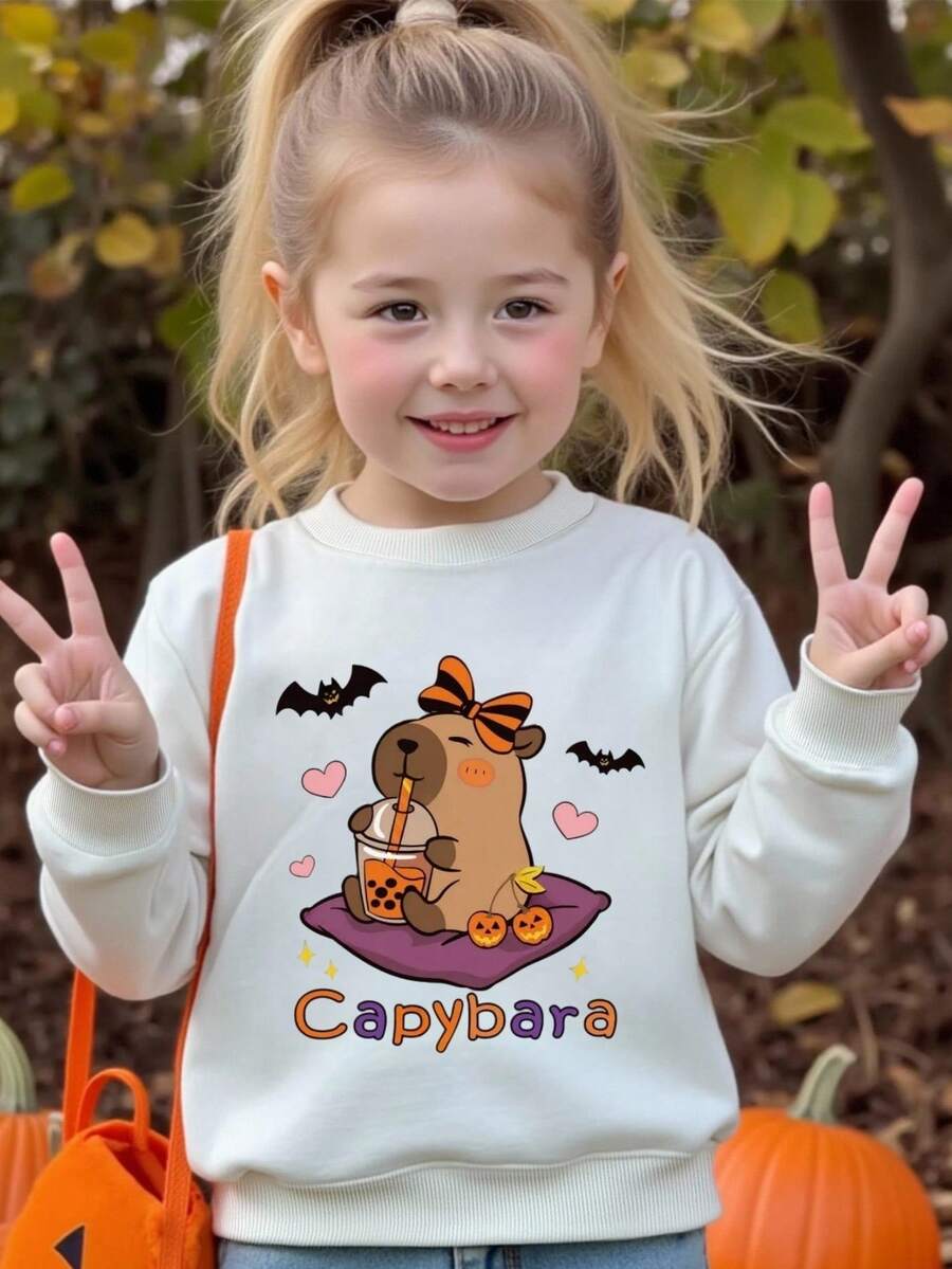 Young Girls' Cute Comfortable Cartoon Capi Bara Halloween Print Crew ...