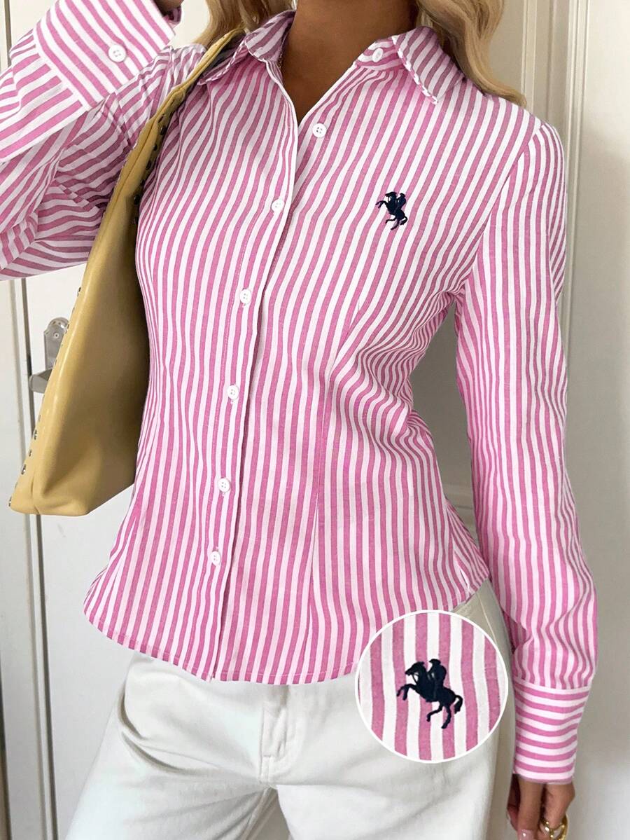 SHEIN EZwear Damen neue besticktes Dekor gestreiftes Slim Fit ...