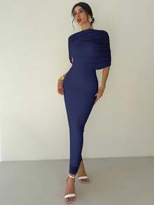 Firerie Elegant Navy Blue Solid Color Ruffle Neck Asymmetrical Waist ...