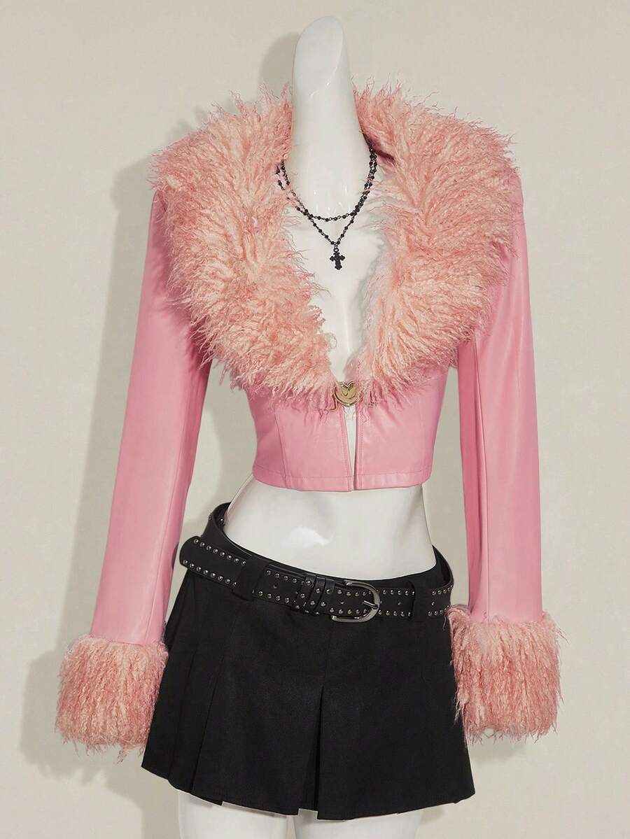 SHEIN ICON Chaqueta rosa de mujer con forro de piel sintética, linda y ...