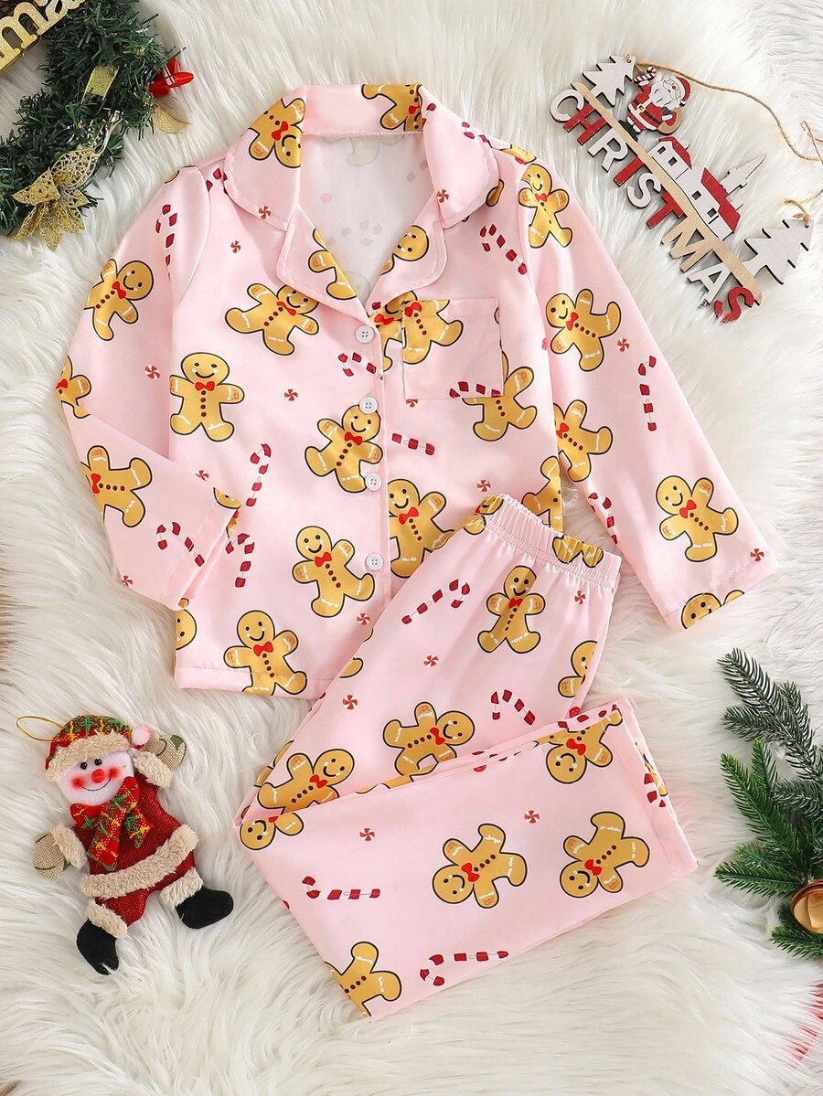 2pcs Girls Christmas Themed Pajama Set, Elegant Satin Sleepwear With ...