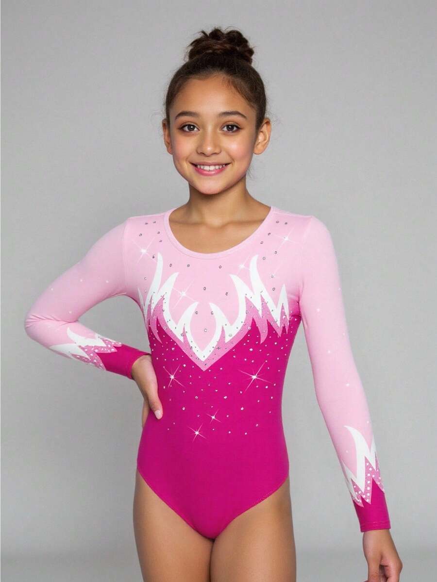 SHEIN Tween Girls Gymnastics Leotard, Fuchsia Color With Printed & Rhinestone Design ...