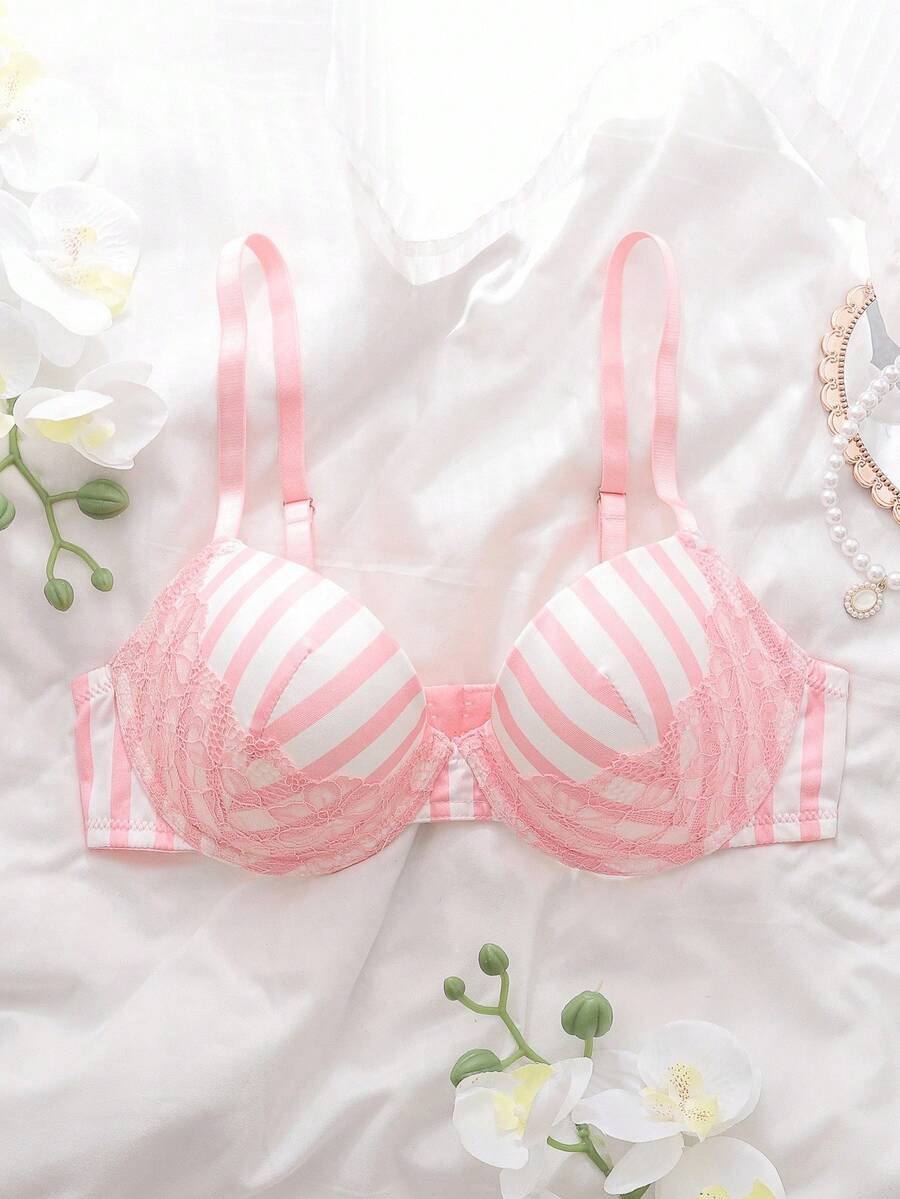 DelicateAllure Pink Lace Patchwork Striped Padded Underwire Bra ...