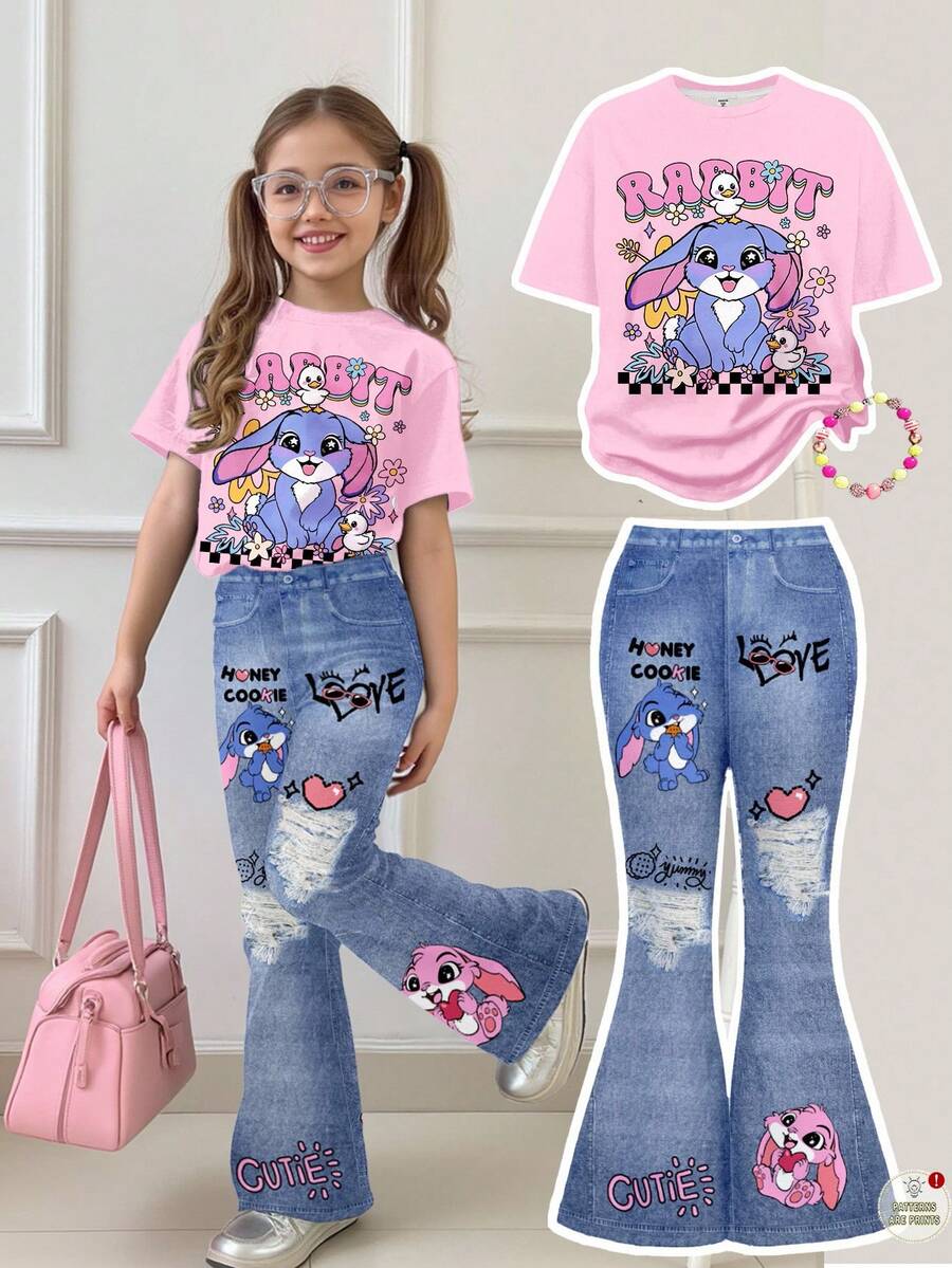 SHEIN Leap Crew 2pcs/Set Bright Pink, Cute & Sweet Cartoon Blue Rabbit ...