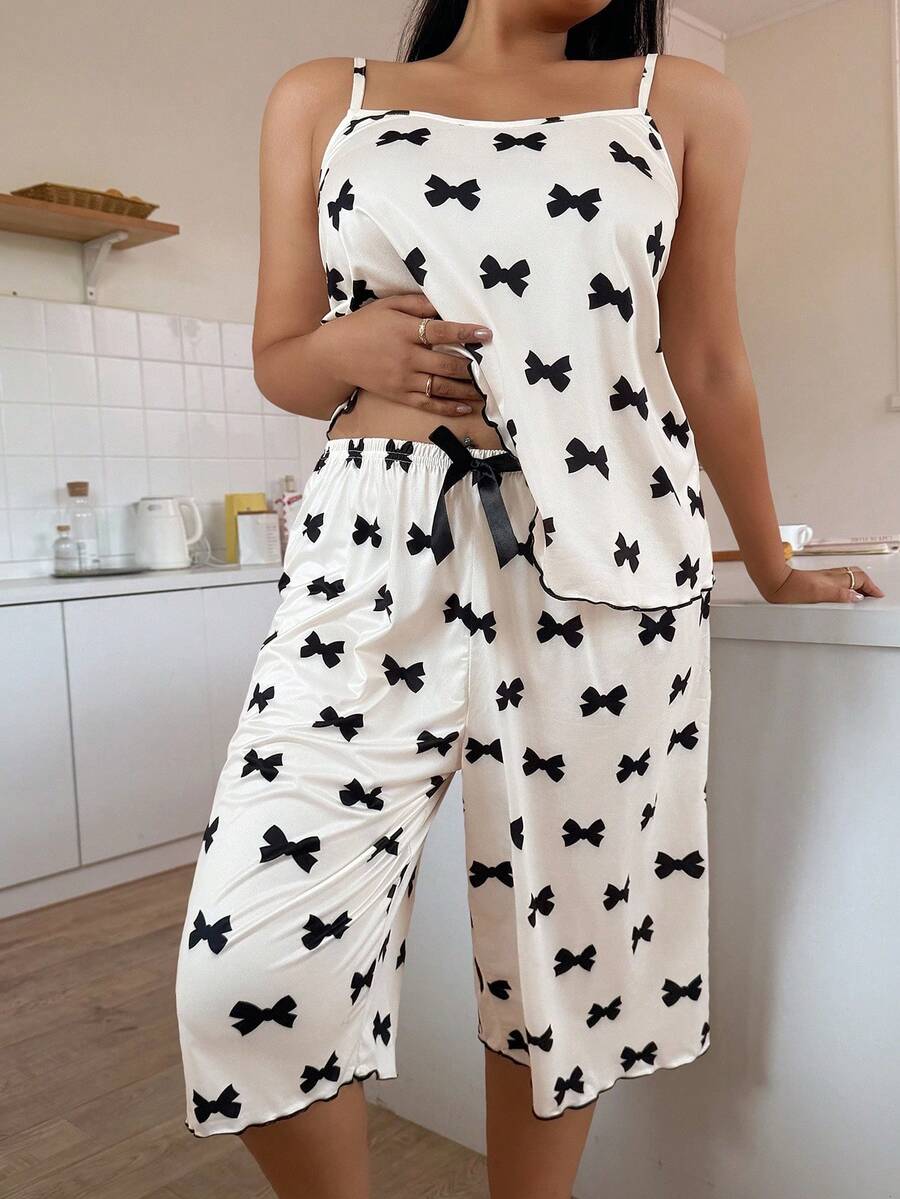 SHEIN ZzzCrew Plus Size Women Bow Print Camisole & 3/4 Pants Pajama Set ...