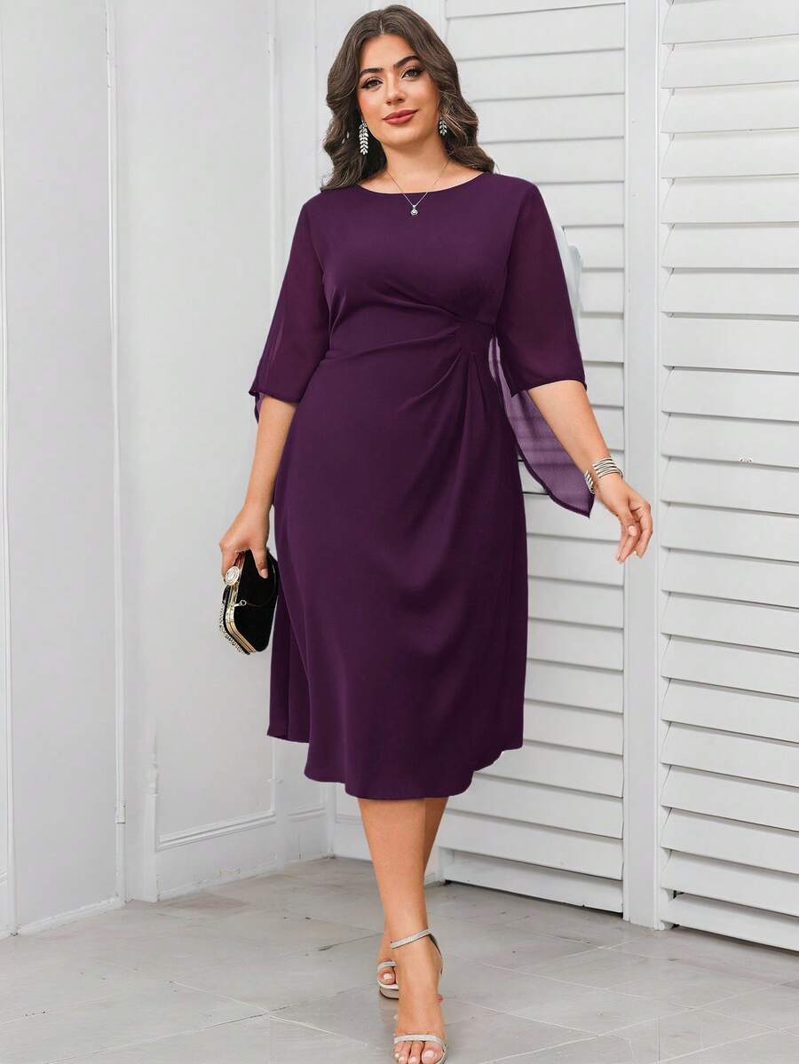 Reflora Plus Size Women Solid Color Round Neck Elegant Pleated Mid ...