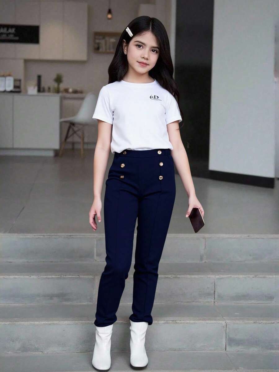SHEIN Tween Girl Solid Color Double-Breasted Urban Tapered Pants ...