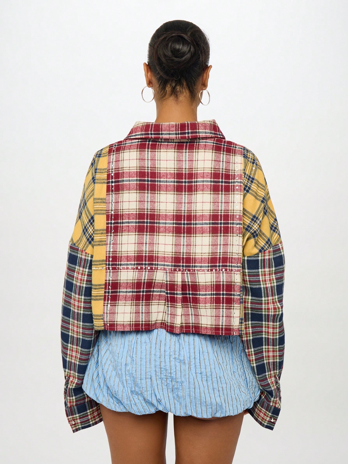 SUMWON WOMEN Plaid Multi Pattern Patchwork Oversized Cropped Button ...