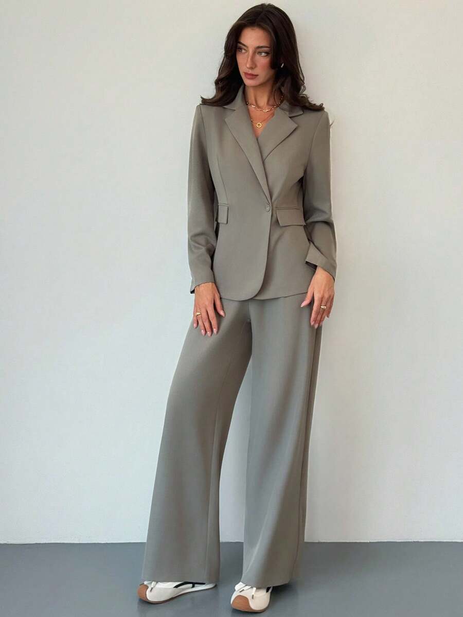 Aloruh Women's Casual Commuting Solid Color Jacket And Pants Suit ...