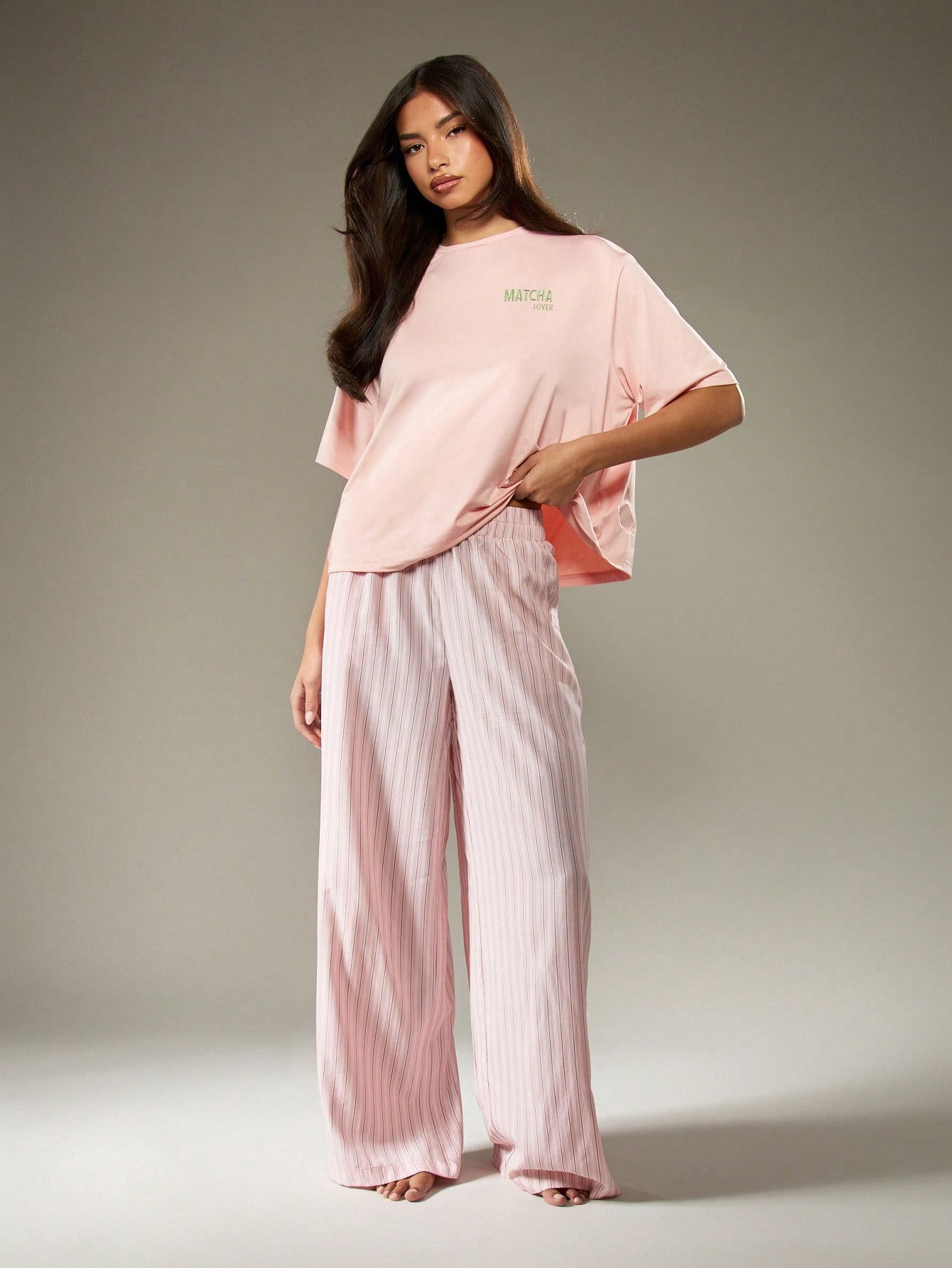 MISSGUIDED Oversized Matcha Print T-Shirt With Striped Wide Leg Pants ...