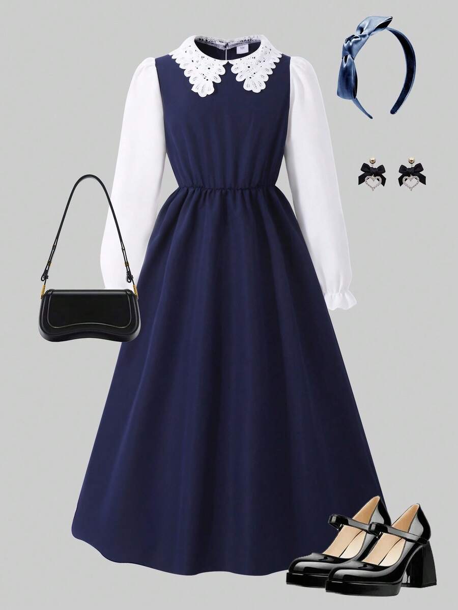 Vintage French Sweet Lace Peter Pan Collar Puff Sleeve 2 In 1 Dress ...