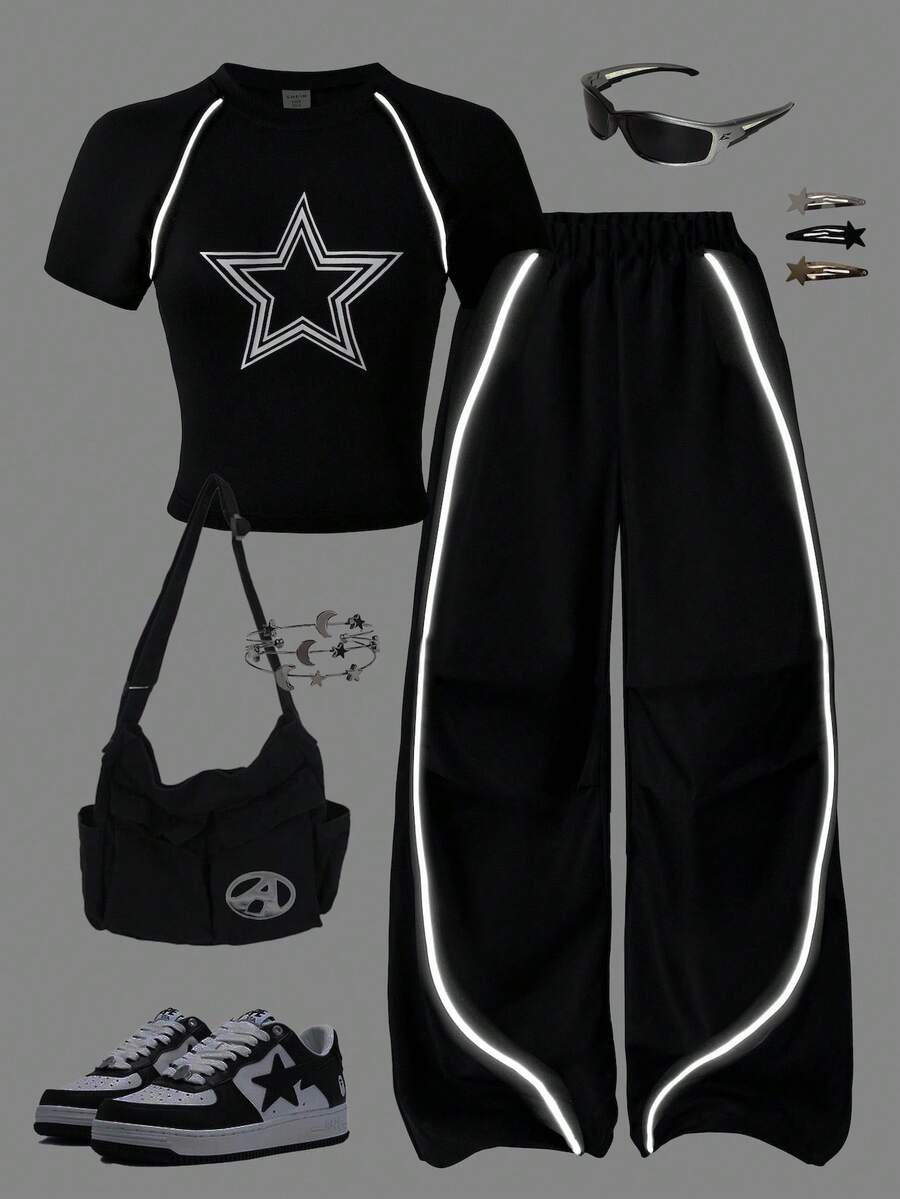 Sparklyn Teen Girl 2pcs/Set Casual T-Shirt And Pants Set, White Star ...