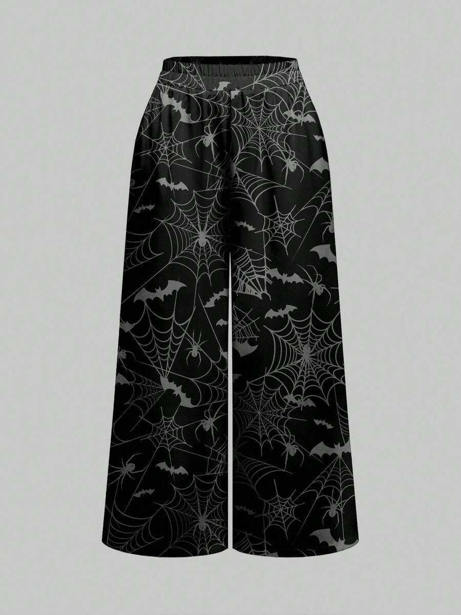 ROMWE Goth Dark Forest Gothic Bat Spider Web Print Long Wide Leg Pants ...