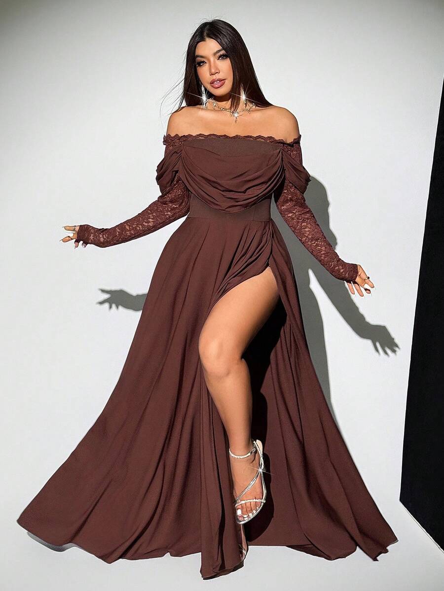 Viva Relle Plus Size Off Shoulder Lace Trim Patchwork Long Sleeve ...