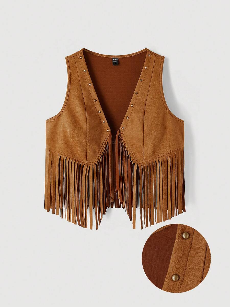 SHEIN MOD Women's Faux Suede Fringe Hem Sleeveless Jacket,Shades Of ...