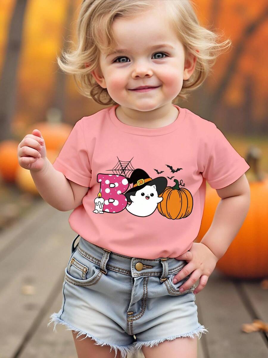 Baby Girl Cute Halloween Themed Ghost Pumpkin Letter Print Short Sleeve T-Shirt, Suitable For ...