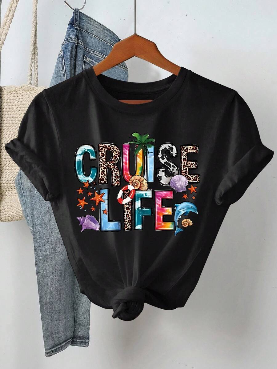 Plus Size Women's Casual Vacation Leopard Print, Letter & Tropical ...