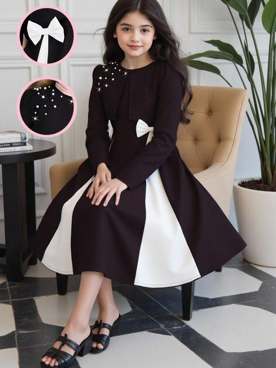 SHEIN Girls' Black & White Splice Dress With Beaded Jacket Set, Elegant ...