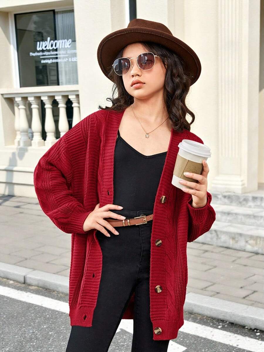 SHEIN Tween Girl Solid Color Batwing Long Sleeve Single Breasted Casual ...