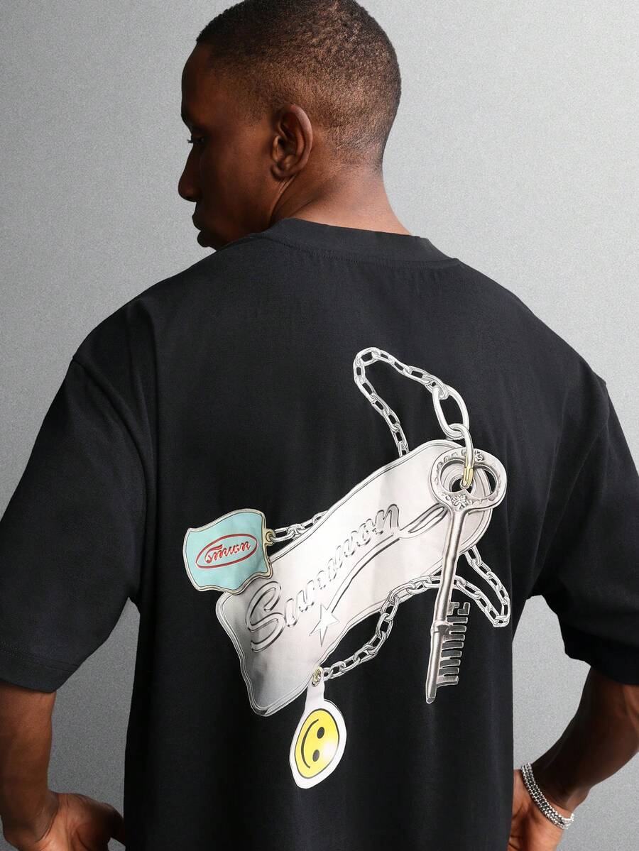 SUMWON Boxy Fit Crop T-Shirt With Chain Design Graphic Print Silver Key ...