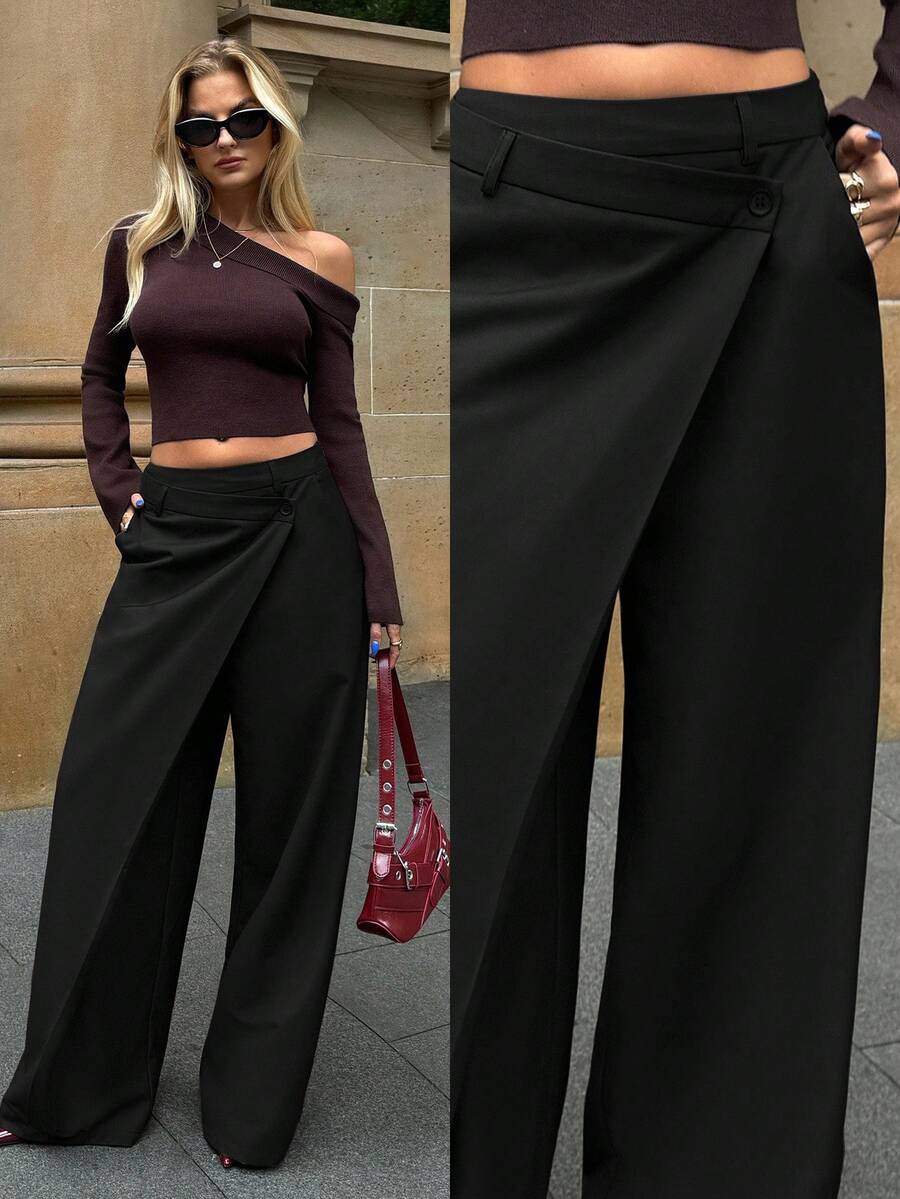 Forever 21 Women Asymmetrical Casual Wide Leg Pants Women's Fashion Office Commuting Versatile ...