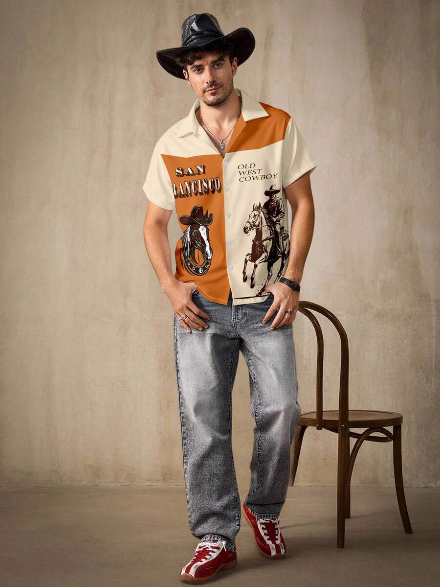 RivetRise Men's Contrast Color Patchwork Western Cowboy Print Shirt for ...