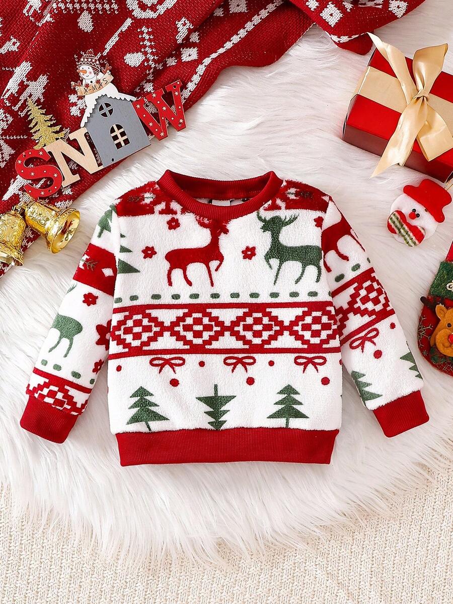 SHEIN Toddler Boys' Christmas Tree & Reindeer Knit Crew Neck Long ...