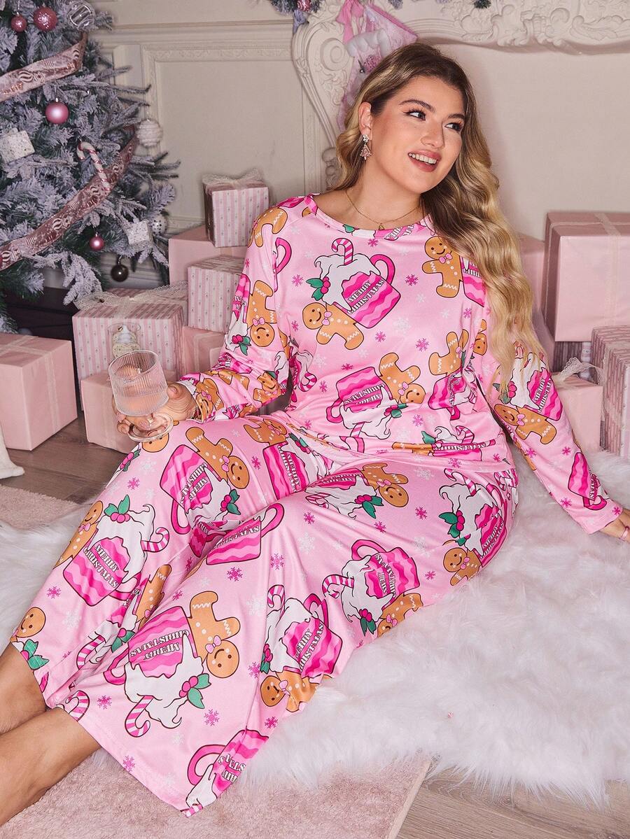 SweetSlumber Plus Size Cute Christmas Gingerbread & Candy Cane Print ...