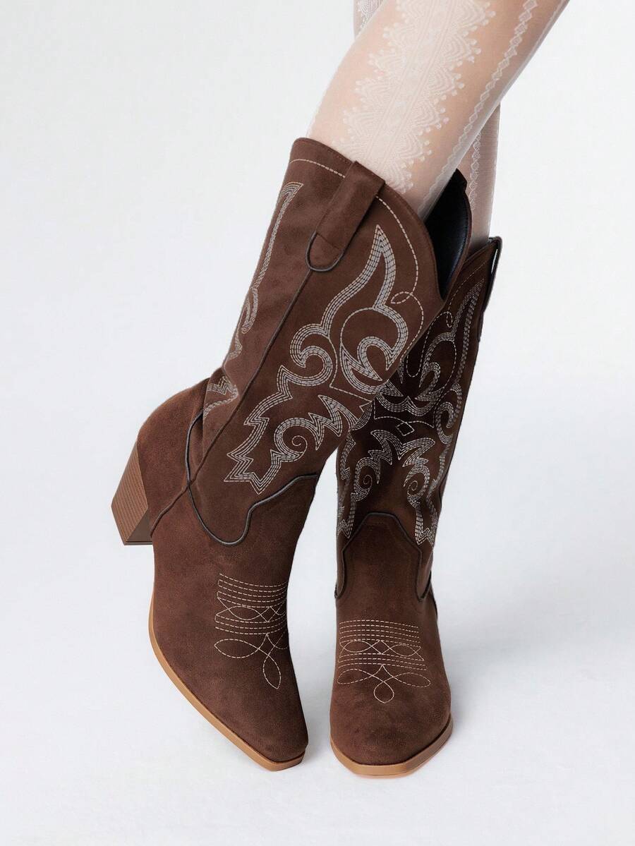 ROMWE Fairycore Women's Brown Cowboy Boots, Khaki Outdoor Casual Fashion Embroidery Faux Suede ...