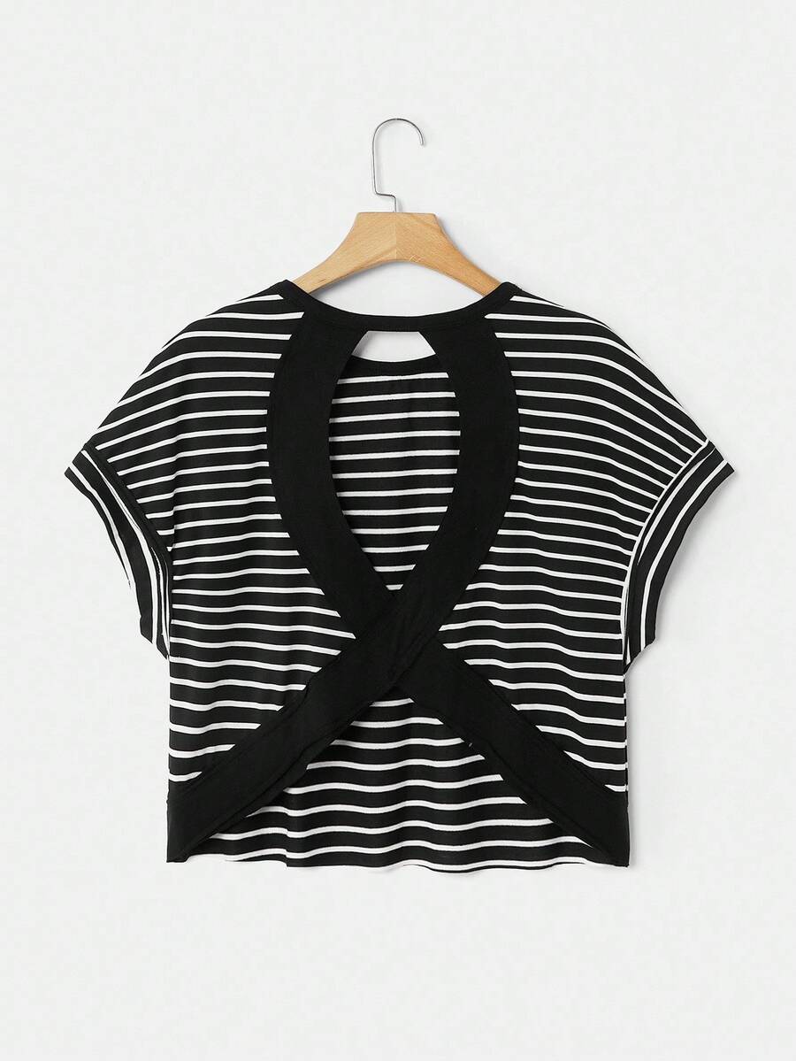 SHEIN Essnce Women's Casual Striped Batwing Sleeve Hollow Back T-Shirt ...
