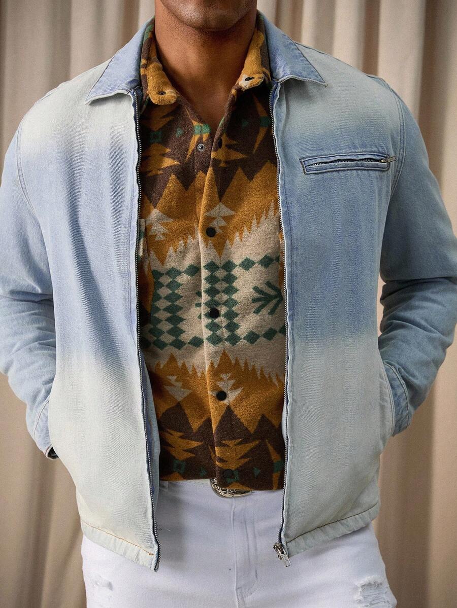 Manfinity Homme Lichtblauwe casual denim jas met rits voor heren ...