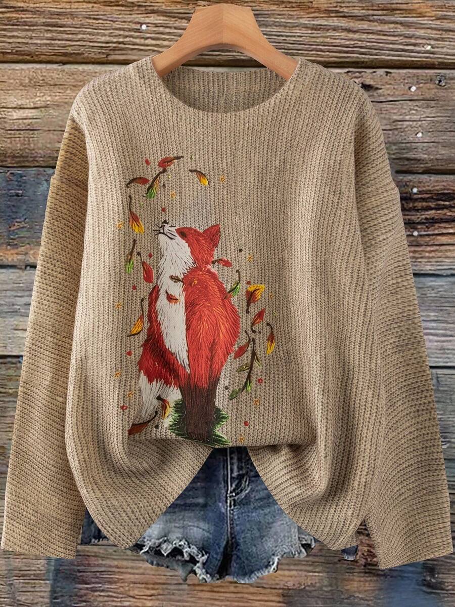 Linhara Plus Size Women Patchwork Knitted Crew Neck Fox Print Long ...