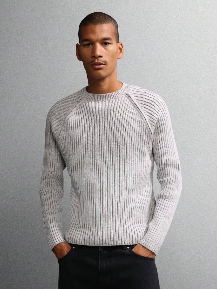 SUMWON Luxury Ribbed Raglan Sleeve Muscle Fit Knit Sweater With Shoulder Zip Detail Winter ...