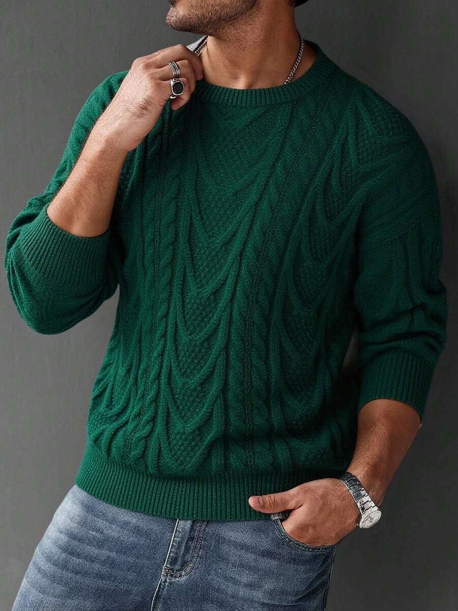 Manfinity Homme Men's Casual Cable Pattern Crew Neck Long Sleeve ...