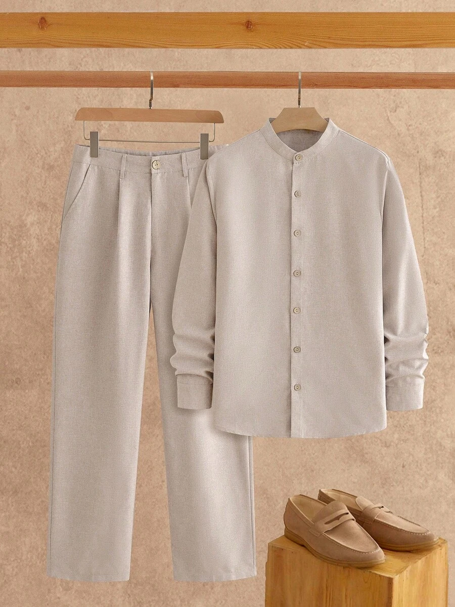 HIMLAND 2pcs/Set Men's Casual Straight Hem Solid Color Outfit, Old ...