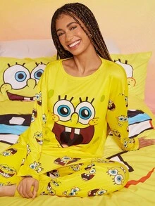 SpongeBob SquarePants X SHEIN Conjunto de Pijama com Top de Manga Longa ...