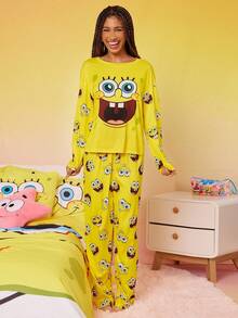 SpongeBob SquarePants X SHEIN Conjunto de Pijama com Top de Manga Longa ...