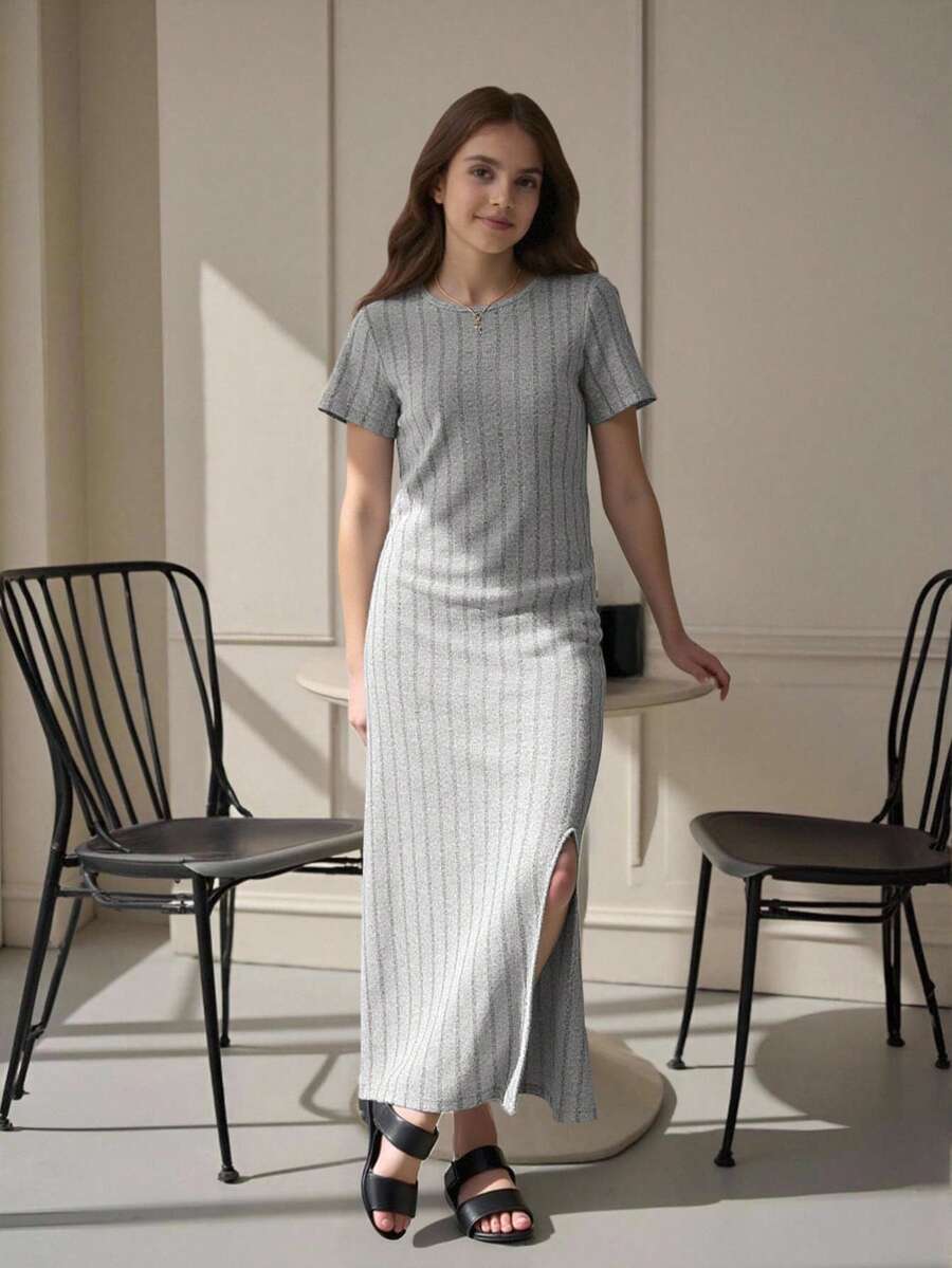 Tween Girls Comfortable Vertical Ribbed Long Split Dress For Summer ...
