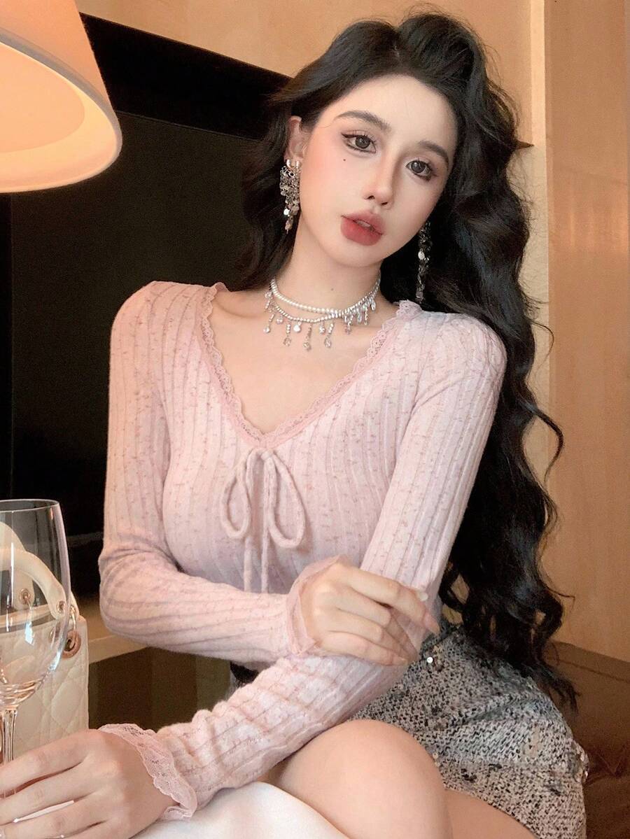 DAZY Textured Striped Brushed Pink Top, V-Neck Lace Trim Splice Drawstring Tie Blouse, Elegant ...