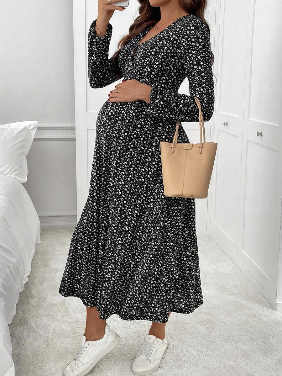 SHEIN Autumn And Winter Maternity Casual Ditsy Floral Long Sleeve Dress ...