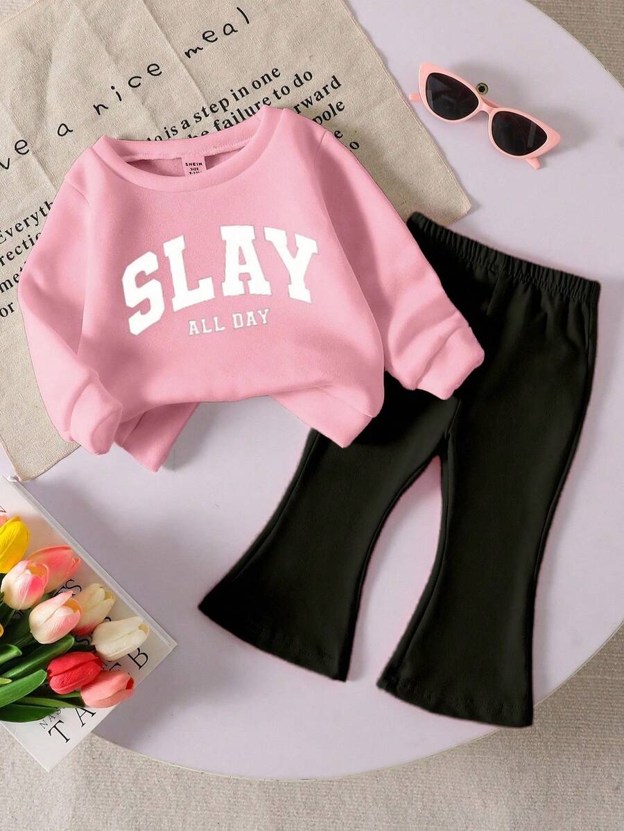 2pcs/Set Baby Girls Casual Graphic Knit Soft Round Neck Long Sleeve ...