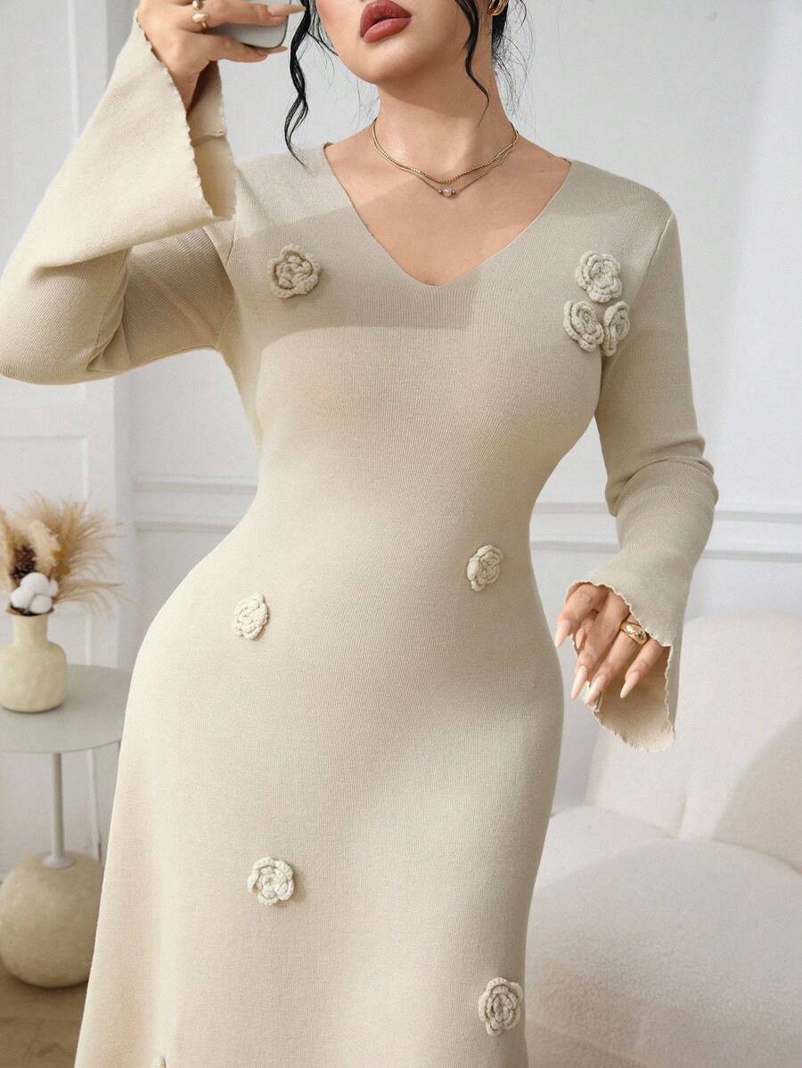 Modelyn Plus Size Women Floral Decor V-Neck Long Sleeve Fitted Mermaid Hem Elegant Knit Dress ...